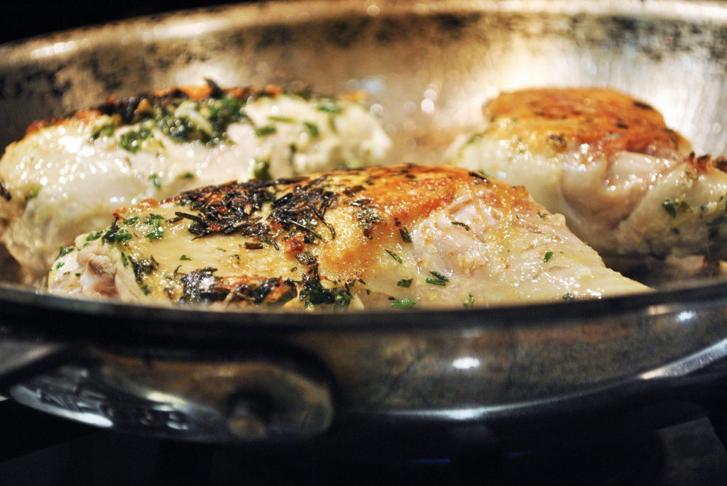 Roasted chicken with Farro and herb sauce